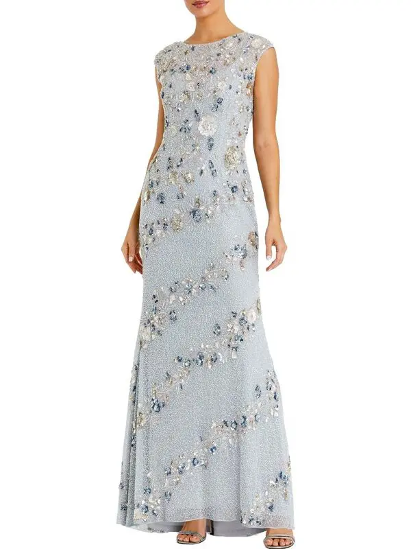 Mac Duggal Floral Embellished Cap Sleeve Column Gown - Powder Blue