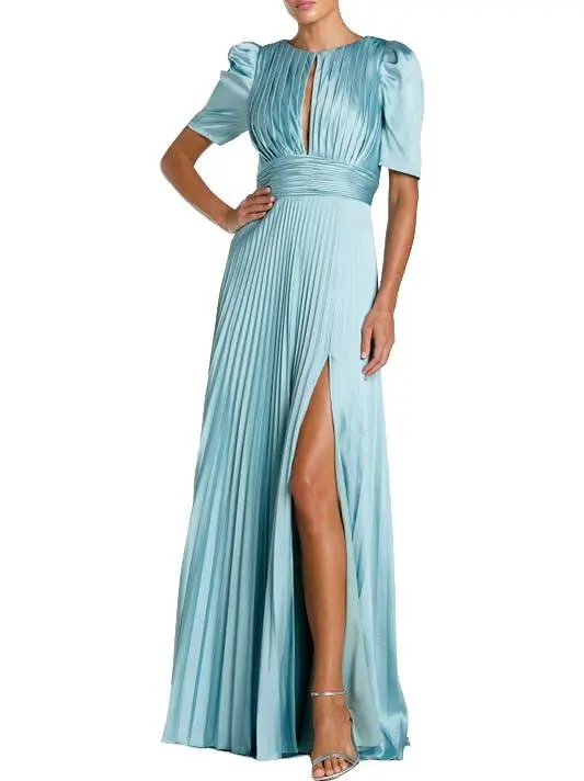 Mac Duggal Pleated Charmeuse Puff Sleeve Gown - French Blue