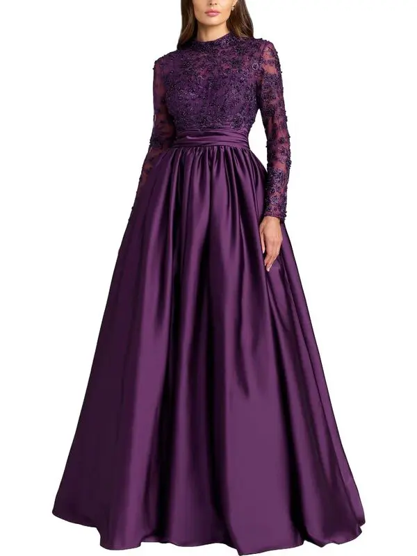 Mac Duggal Embroidered Long Sleeve Satin Ball Gown - Aubergine