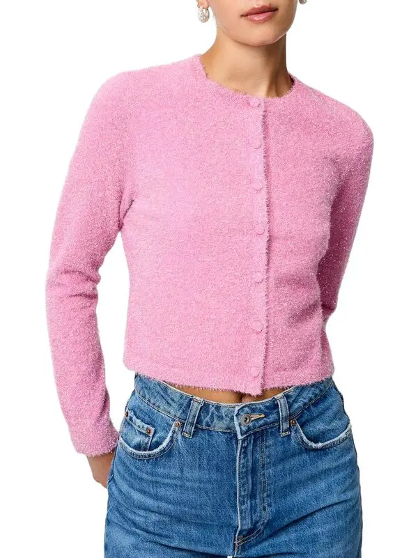 French Connection Tinsel Metallic Fuzzy Cardigan - Taffy Pink