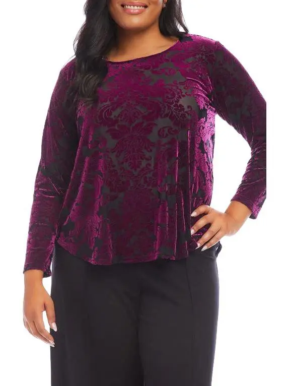 Karen Kane Floral Velvet Burnout Shirttail Top - Wine