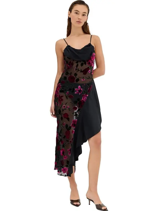 RODARTE Floral Devoré Slip Midi Dress - Black And Pink