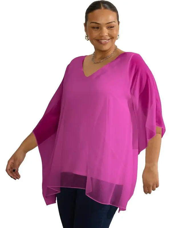 LIVE UNLIMITED Chiffon V-neck Overlay Top - Magenta