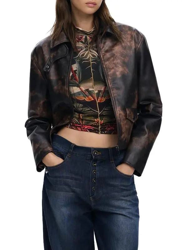 Desigual Faux Leather Cropped Jacket - Khaki