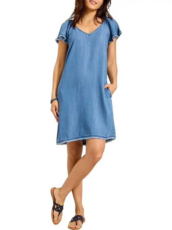 Tommy Bahama Flutter Sleeve Fray Chambray Minidress - Medium Indigo Wash
