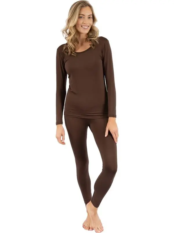 LEVERET Two-piece Thermal Long Sleeve Solid Pajamas - Brown
