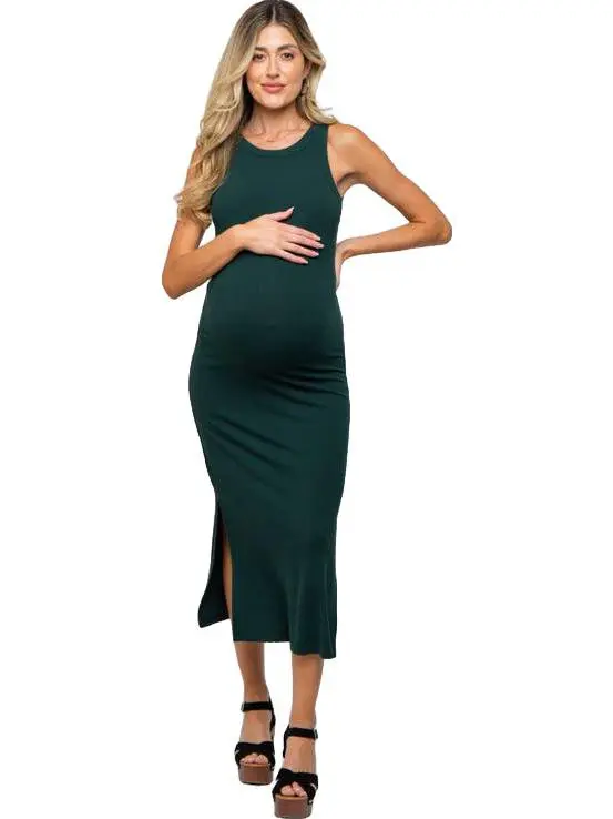 PINKBLUSH Ribbed Tank Midi Dress With Slit - Forest Green