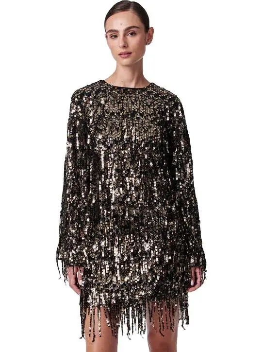 Trina Turk Satine Fringed Sequin Top - Black/gold