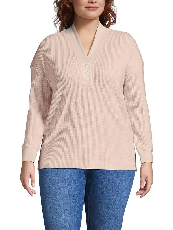 LANDS' END Long Sleeve Waffle Henley - Blossom Heather