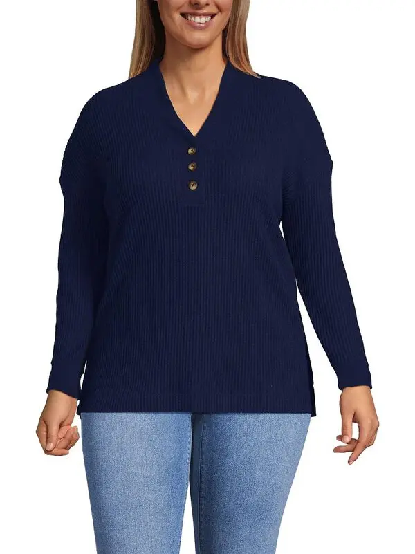 LANDS' END Long Sleeve Waffle Henley - Deep Sea Navy