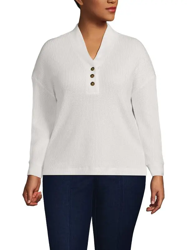 LANDS' END Long Sleeve Waffle Henley - Ivory