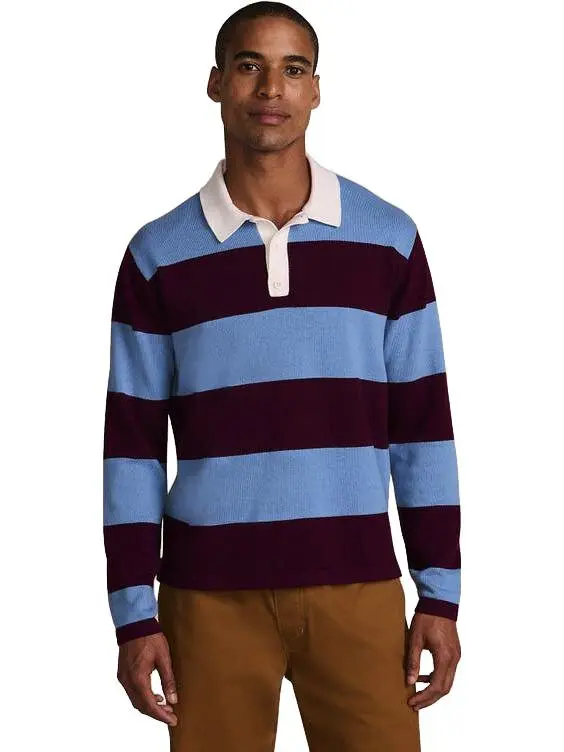 LANDS' END Long Sleeve Cotton Rugby Sweater Polo - Burgundy/persian Blue Stripe