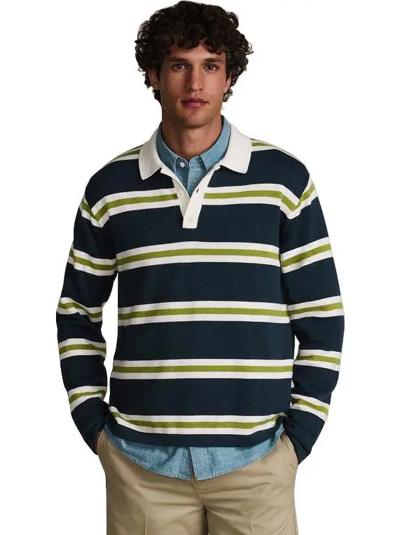 LANDS' END Long Sleeve Cotton Rugby Sweater Polo - French Navy/lime Stripe