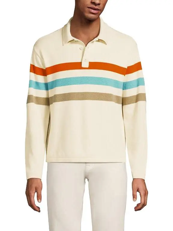 LANDS' END Long Sleeve Cotton Rugby Sweater Polo - Ivory Latte Multi Stripe