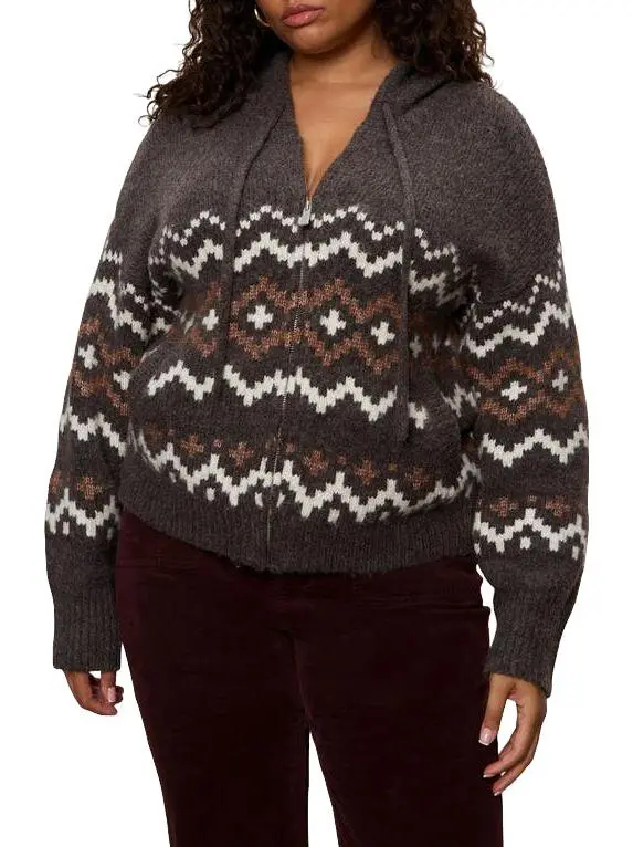 Sanctuary Fair Isle Zip-up Sweater Hoodie - Mocha Brown