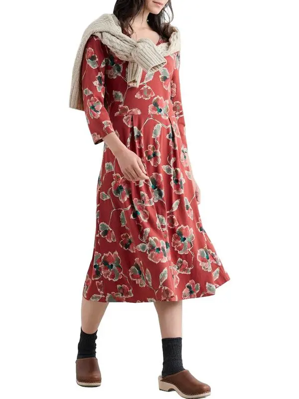 SEASALT CORNWALL Floral Pleated Stretch Organic Cotton Jersey Dress - Artist Camellia Red Sail
