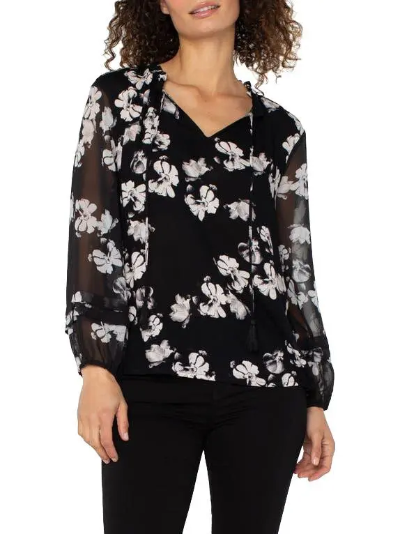 LIVERPOOL Shirred Woven Popover Top - Black White Floral