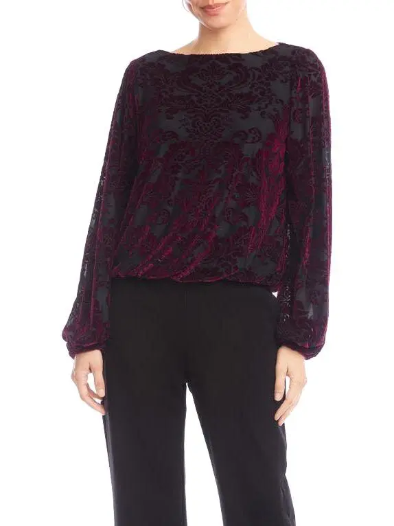 Karen Kane Floral Velvet Burnout Top - Wine