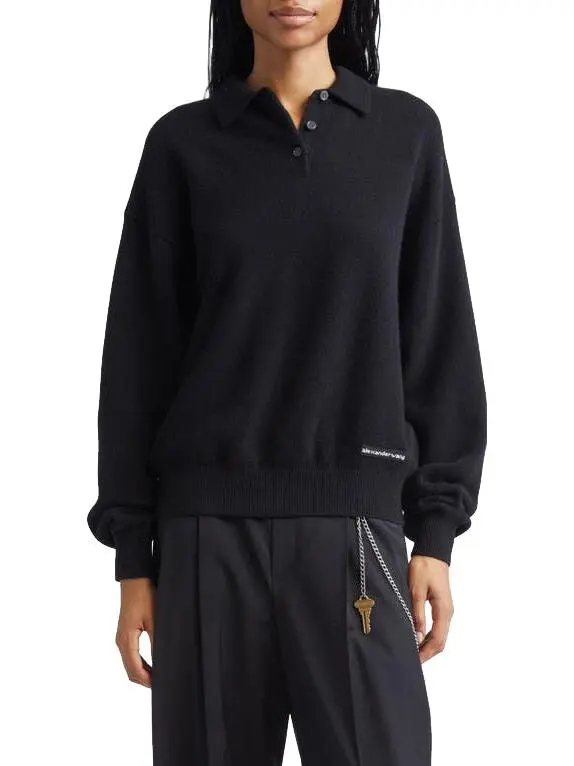 Alexander Wang Long Sleeve Wool Blend Polo Sweater With Logo Patch - Black