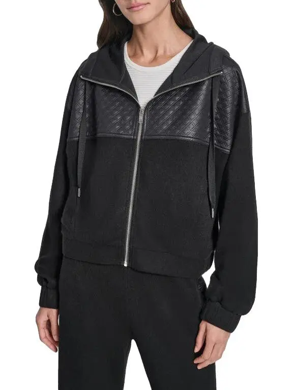 Dkny Mixed Media Zip-up Hooded Jacket - Black/black