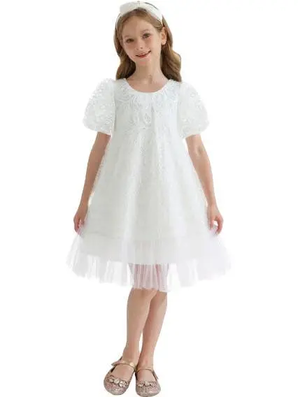 SWEET CACTUS Embroidered Tulle Milan Dress - White