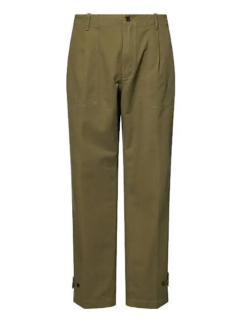 Dunhill Herringbone Pleated Cotton Chino Trousers - Olive