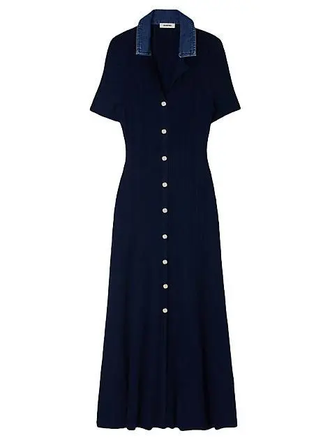 Sandro Slim-fit Knitted Maxi Dress With Denim Collar - Navy Blue