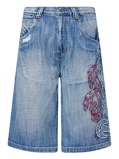 JADED LONDON Tribal Colossus Embroidered Denim Shorts - Blue
