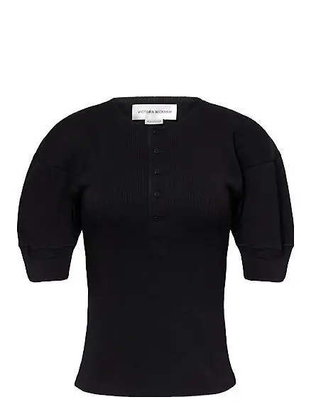 Victoria Beckham Henley Ribbed Stretch-cotton Top - Black
