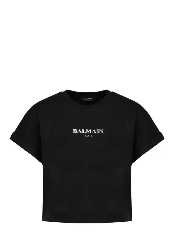 Balmain Printed Cotton Crop T-shirt - Black