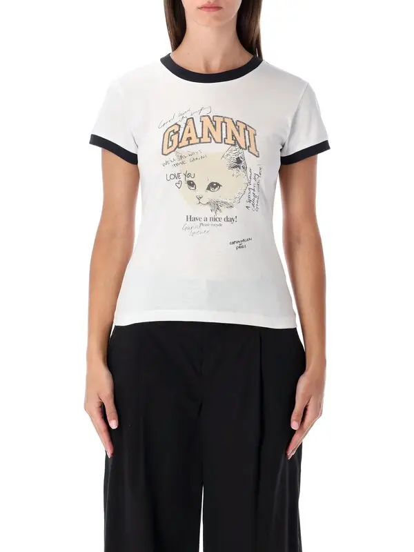 GANNI Cropped Kitty T-shirt - White