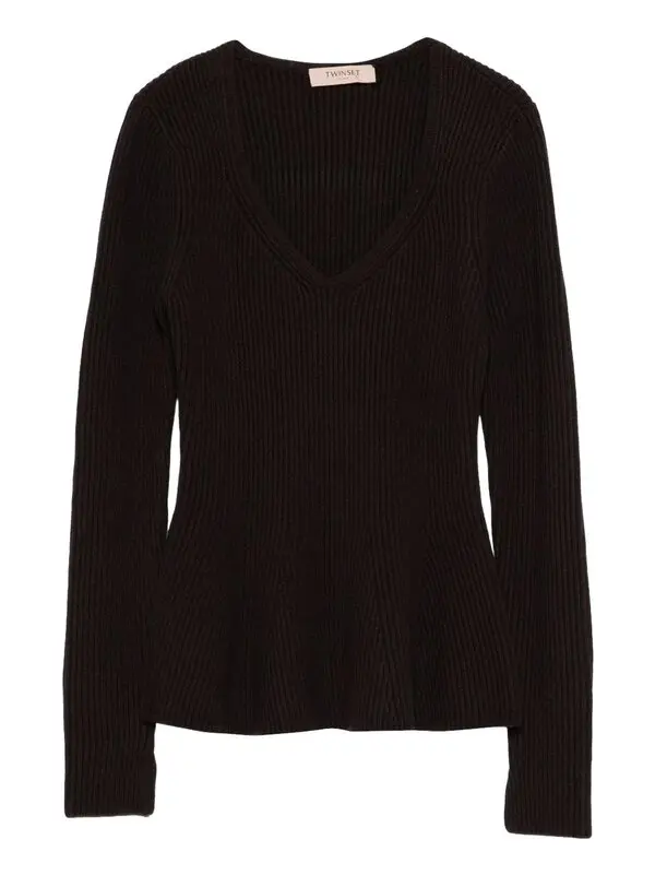 Twin-set Ribbed V-neck Pullover - Brown