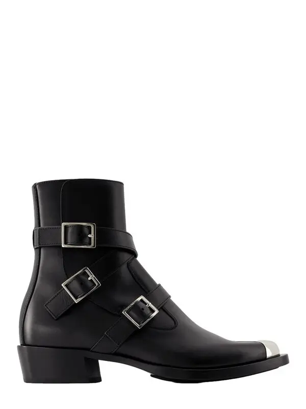 Alexander McQueen Leather Ankle Boots With Silver Tone Detailing - Black