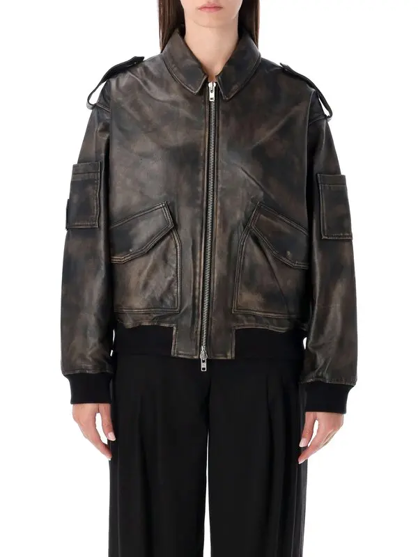 SWORD 6644 Leather Bomber Jacket - Vintage Black