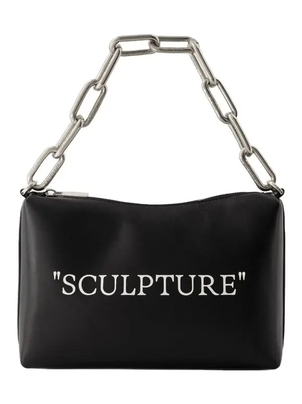 Off White Leather Shoulder Bag With Silver Tone Chain Strap - Black