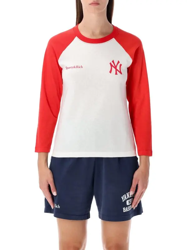 SPORTY & RICH Yankees Serif Baseball Tee - White Red