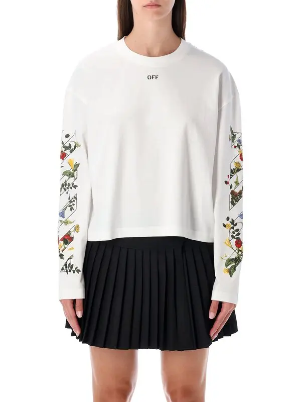Off White Embroidered Flowers Arrow Long Sleeve T-shirt - White