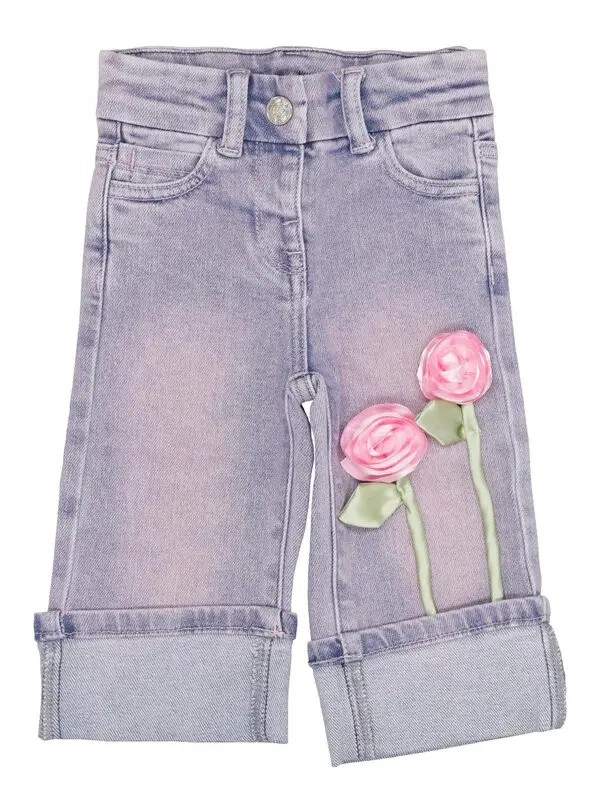 Monnalisa Denim Jeans With Rosette Appliqués - Denim+rosa