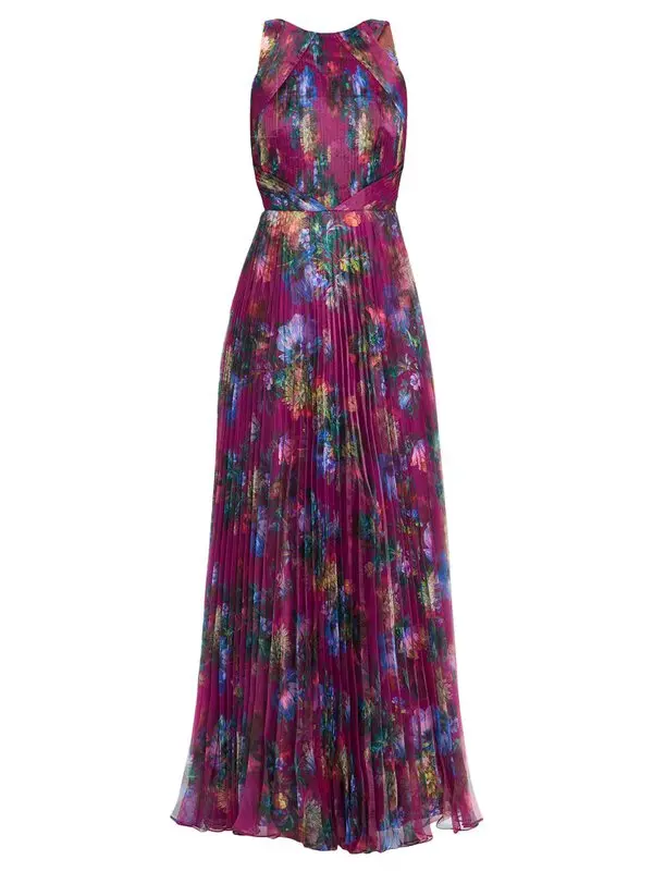Theia Naveen Pleated Floral-print Organza Gown - Sangria Po
