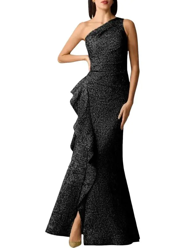 Rickie Freeman For Teri Jon One-shoulder Jacquard Gown - Black