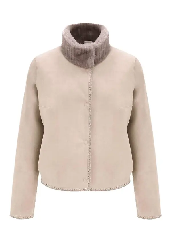 Gorski Reversible Grooved Shearling Lamb Jacket With Embroidered Trim - Beige
