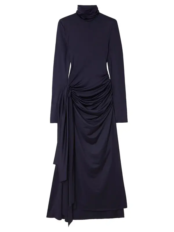 Victoria Beckham Gathered Draped Jersey Turtleneck Midi Dress - Blue