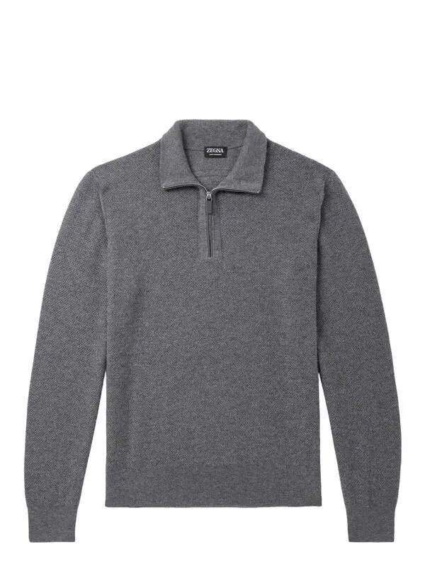 Zegna Leather-trimmed Oasi Cashmere Half-zip Sweater - Gray