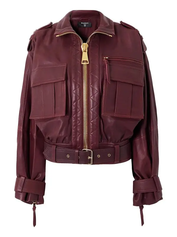 Balmain Belted Leather Bomber Jacket - Burgundy