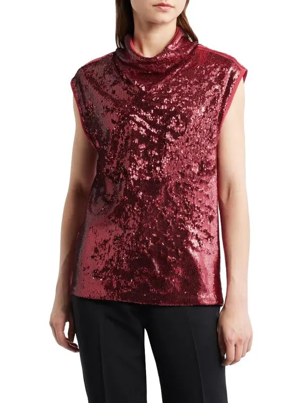 BOSS Sequin Mock Neck Top - Deep Ruby