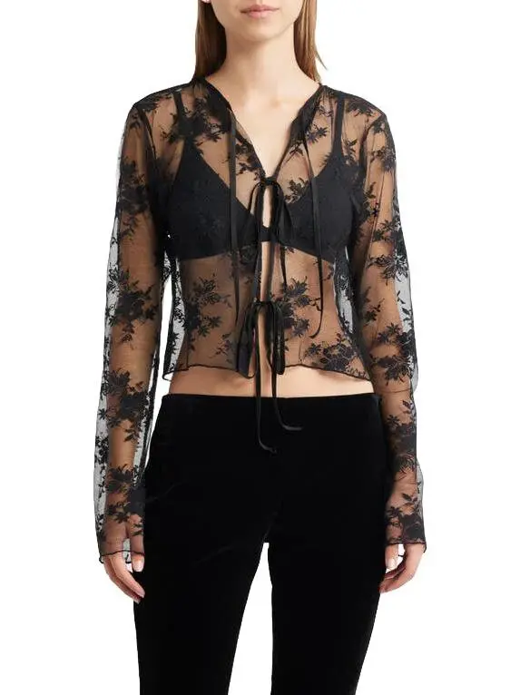 BELLA VENICE Camille Velvet Trim Sheer Crop Top - Black Lace
