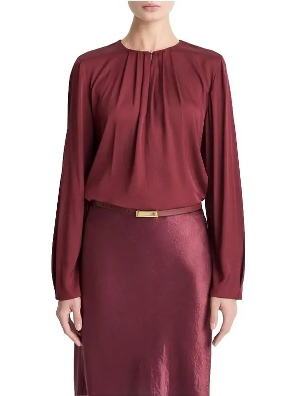 Vince Silk-blend Pleated-neck Blouse - Burgundy