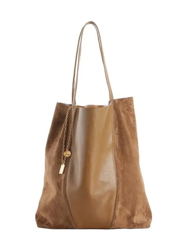 Chloé Medium Spin Leather & Suede Tote - Dark Khaki