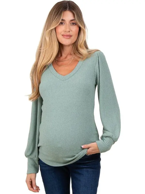 PINKBLUSH Ribbed Knit V-neck Top - Light Olive
