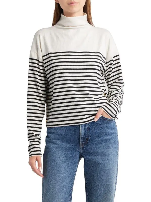 Rag & Bone Stripe Rib Knit Funnel Neck Top - Beige Multi
